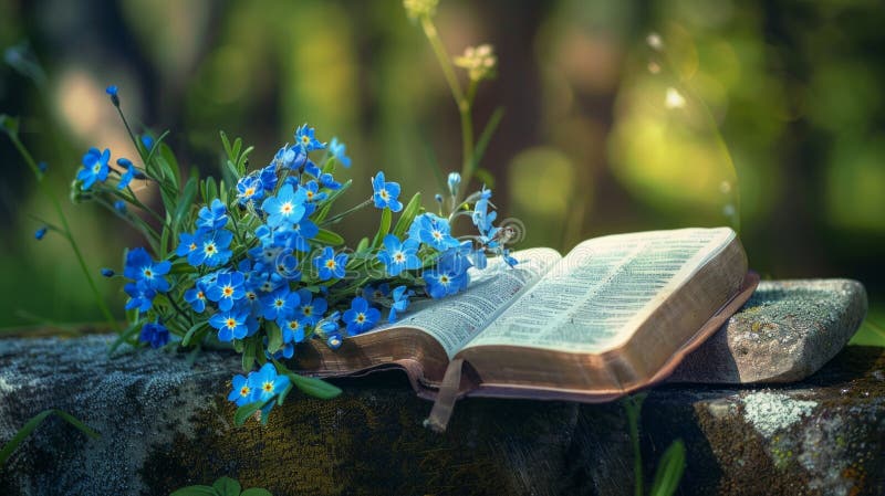 Forget-Me-Nots and Open Bible on Stone Bench Stock Photo - Image of ...