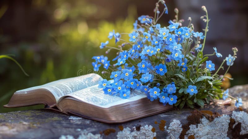 Forget-Me-Nots and Open Bible on Stone Bench Stock Photo - Image of ...