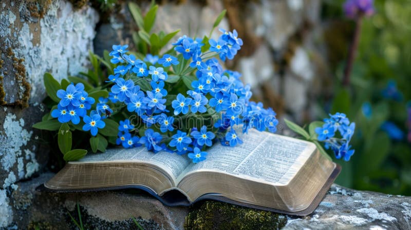 Forget-Me-Nots and Open Bible on Stone Bench Stock Image - Image of ...