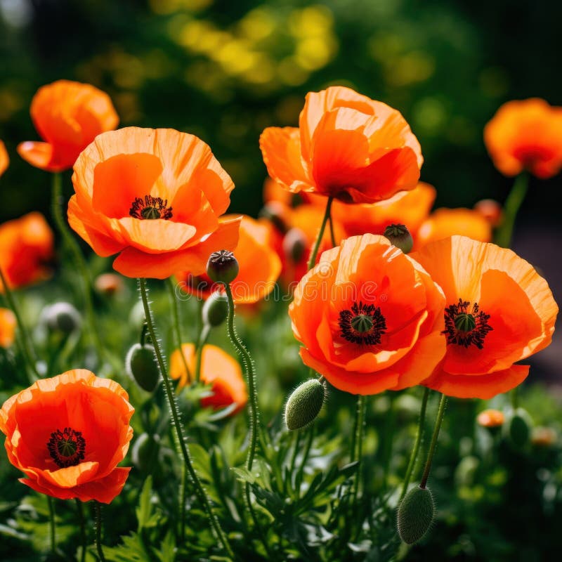 A Cluster of Bright Orange Poppies in a Field with a Blurry Green ...