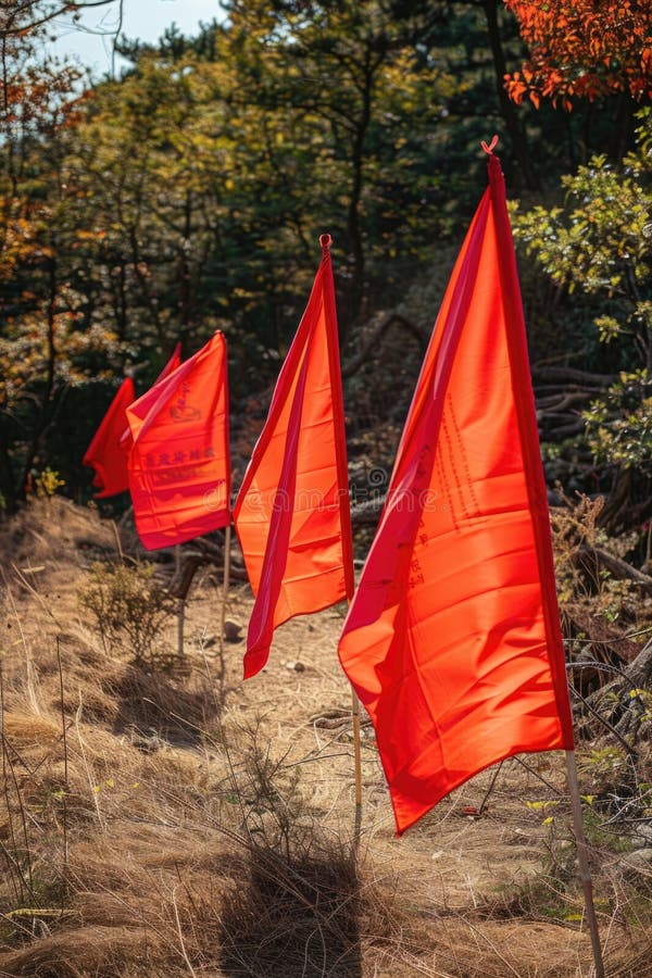 A Cluster of Bright Red Flags Resting on a Desolate Grassy Area Stock ...