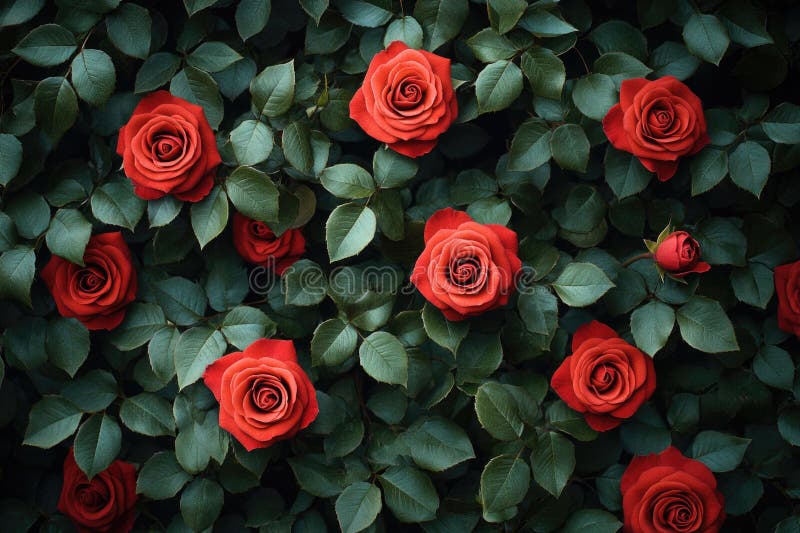 A Cluster of Bright Red Roses Surrounded by Lush Green Leaves Stock ...