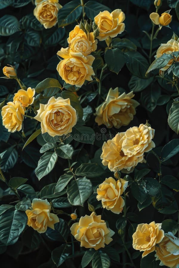 Cluster Bright Yellow Roses Surrounded Green Leaves Stock Photos - Free ...