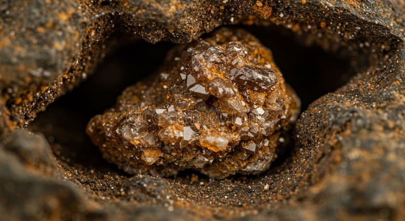 A Cluster of Brown Crystal Formations Nestled within a Rough, Dark ...