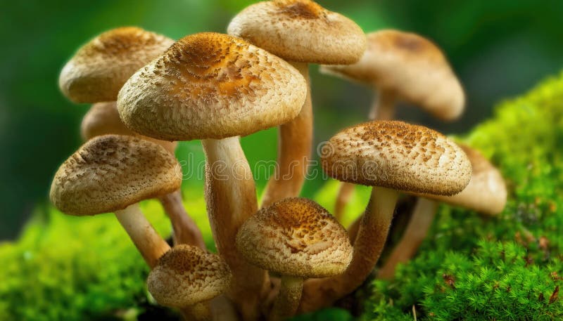 Cluster of Brown Mushrooms Growing on a Mossy Log in a Forest. Stock ...