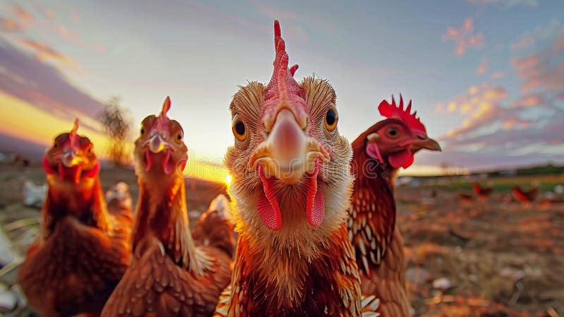 A Cluster of Chickens Standing Next To Each Other in a Field Stock ...