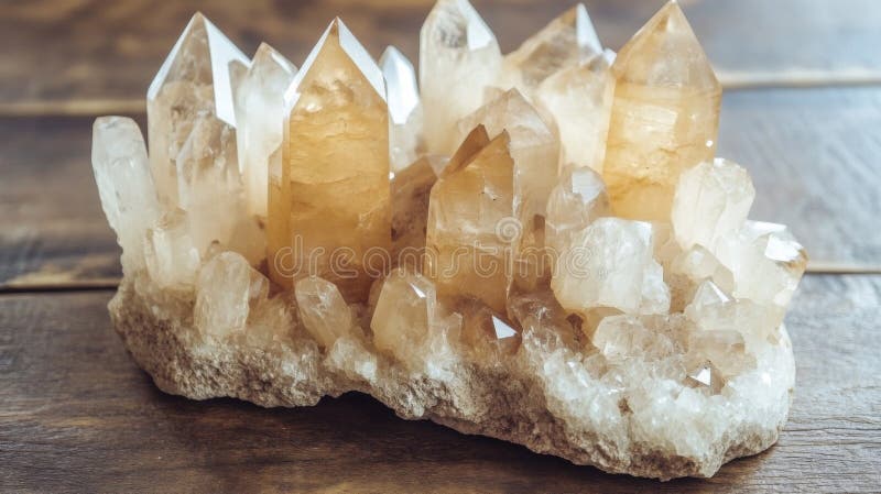 Cluster of Clear and Citrine Quartz Crystals on Wooden Surface Stock ...
