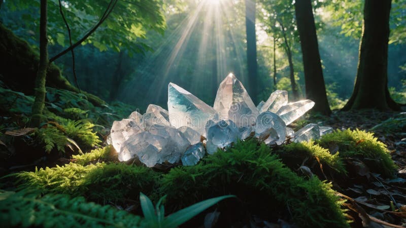 Magical Crystal Cluster in Sunlit Forest Stock Illustration ...