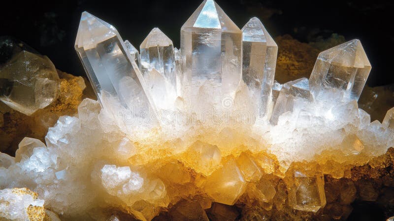 Cluster of Clear Quartz Crystals on Golden Base Stock Illustration ...