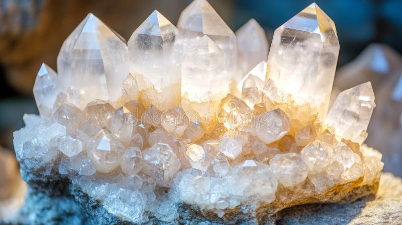 Cluster of Clear Quartz Crystals on Rock Base Stock Illustration ...