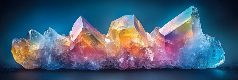 A Cluster of Colorful Crystals with Sharp Edges Against a Dark Blue and ...