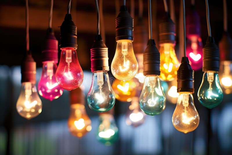 Cluster of Colorful Light Bulbs Hanging from the Ceiling Stock ...