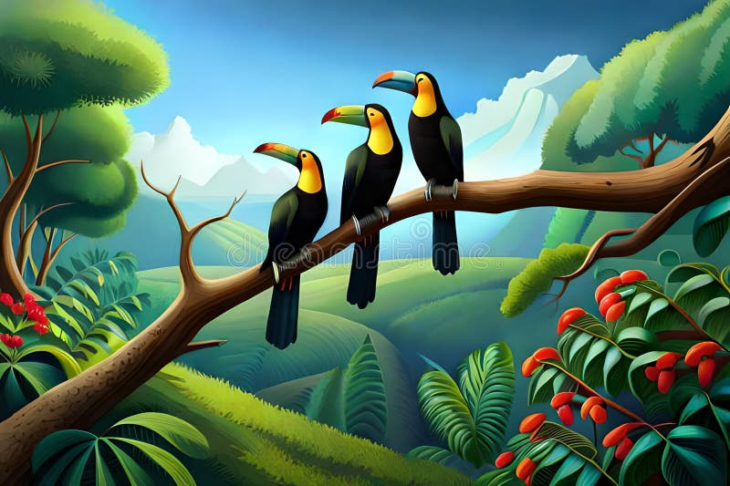 A Cluster of Colorful Toucans Perched on Branches in a Lush Rainforest ...