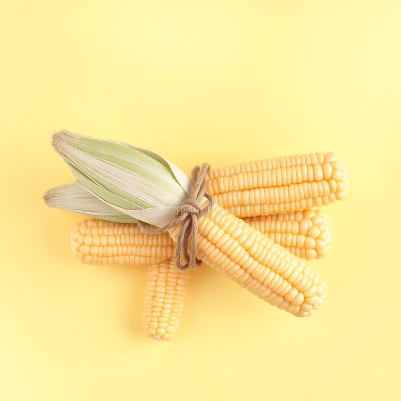 A Cluster of Corn Cobs Tied with a Rustic Rope on a Pastel Yellow ...
