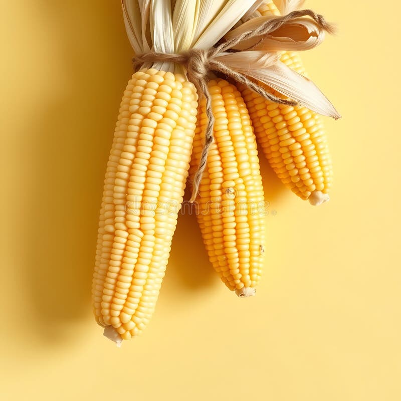 A Cluster of Corn Cobs Tied with a Rustic Rope on a Pastel Yellow ...