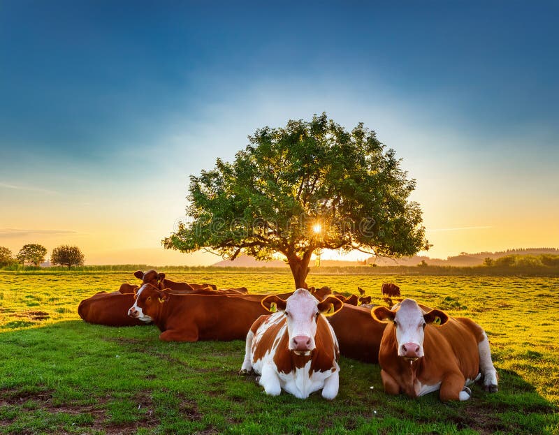 A Cluster of Cows Resting Under a Tree Providing Shade from the Midday ...