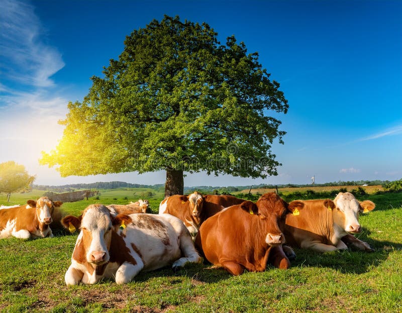 A Cluster of Cows Resting Under a Tree Providing Shade from the Midday ...