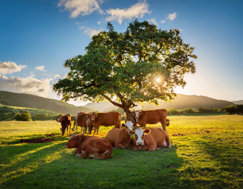 A Cluster of Cows Resting Under a Tree Providing Shade from the Midday ...