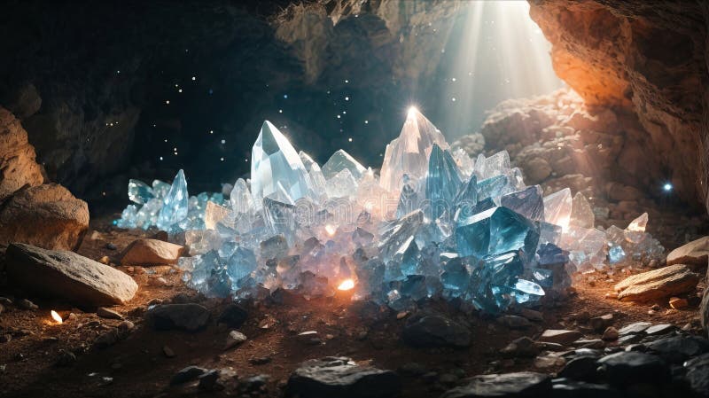 A Cluster of Crystals in a Cave with a Light Coming from Behind it and ...