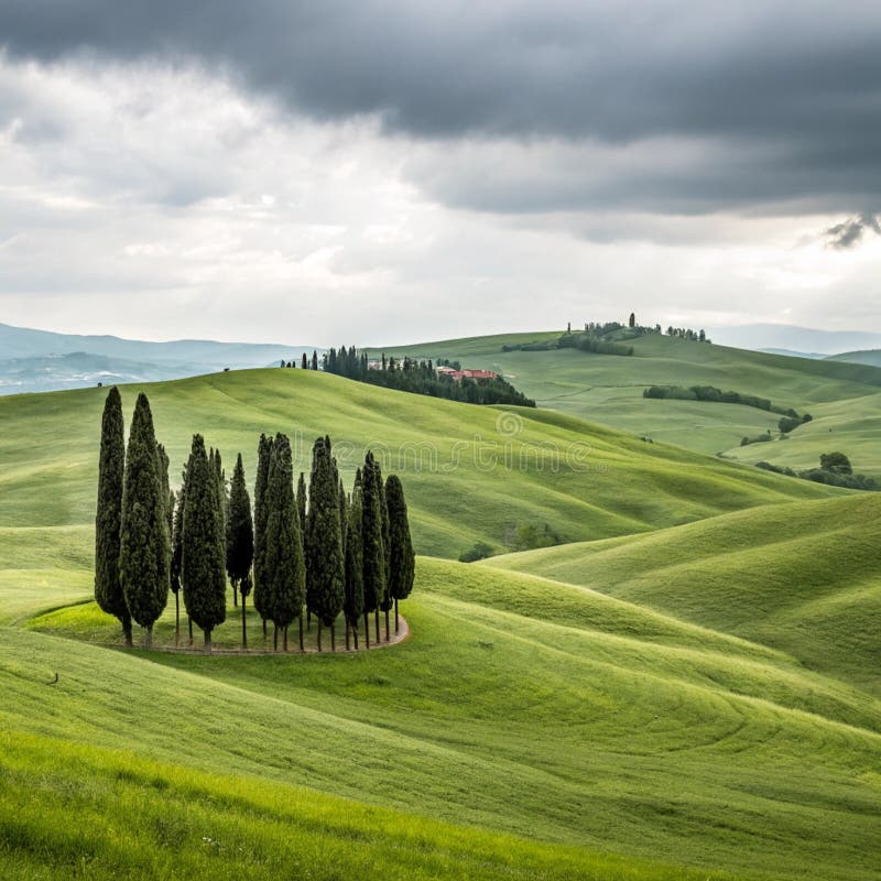 Cluster of Cypress Trees among Rolling Grassy Hills Stock Illustration ...