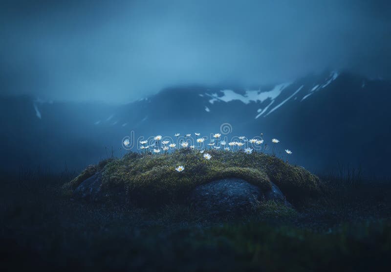 A Cluster of Daisies and Lush Moss Cover a Textured Stone Surface Stock ...