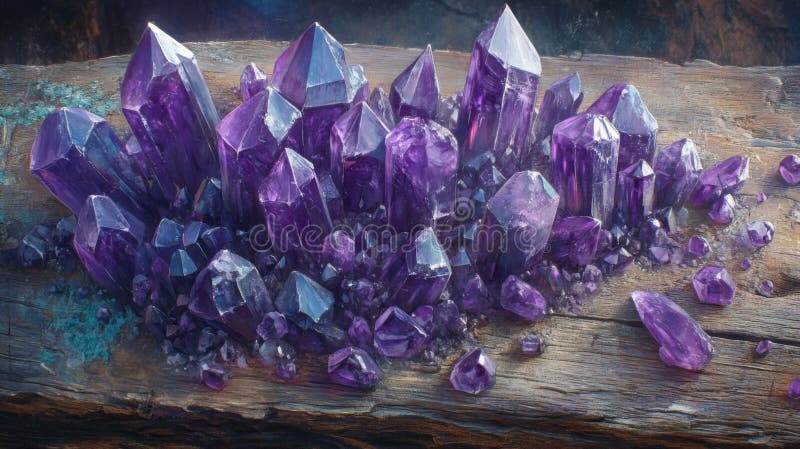 Cluster of Deep Purple Amethyst Crystals on Wood Stock Illustration ...