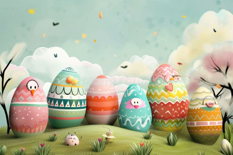 A Cluster of Easter Eggs Rest on a Grassy Hill, Surrounded by Natures ...