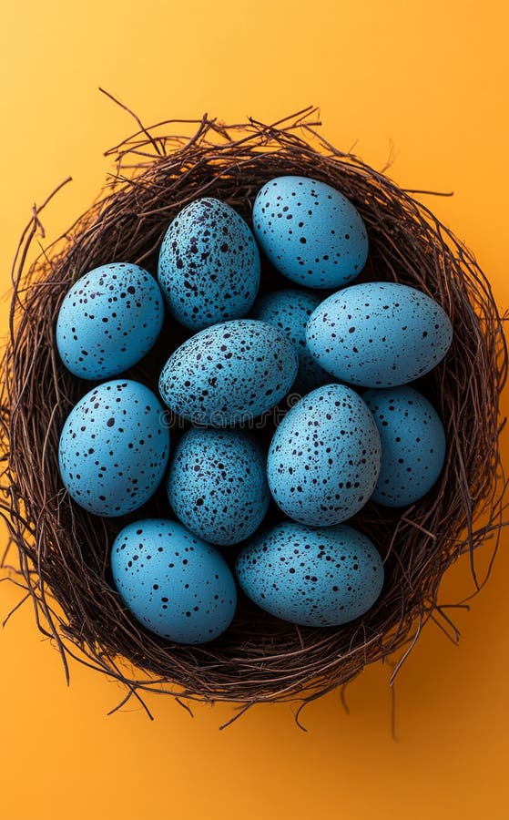 A Cluster of Eggs, Some Yellow and Blue, Rests on a Yellow Backdrop ...