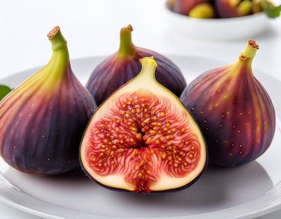 A Cluster of Figs with One Sliced Open Exposing Bright Pink Interior ...