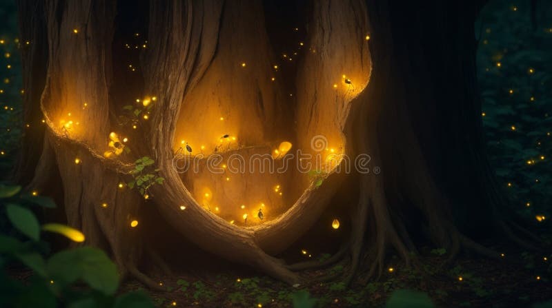 A Cluster of Fireflies Creating a Soft Glow in a Hollow Tree. Stock ...