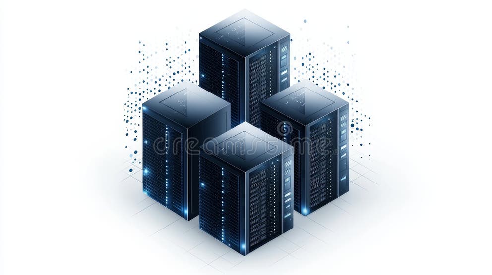 A Cluster of Four Black Servers, Glowing Blue, Connected by Data ...