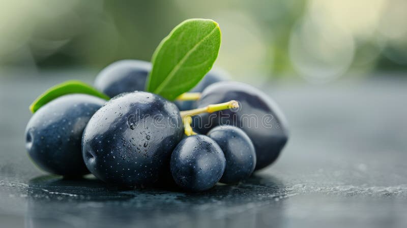 Fresh Black Plums with Green Leaves on a Dark Surface Under Natural ...
