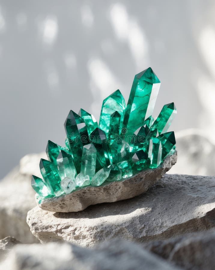 Cluster of Glowing Emerald Crystals on Rock Stock Image - Image of pack ...