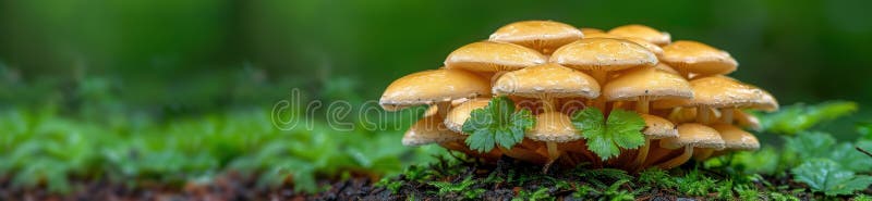 Cluster of Golden Mushrooms Growing on Moss-covered Ground Stock Illustration - Illustration of ...