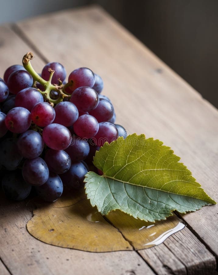 A Cluster of Grapes Sits Atop a Table beside a Nearby Leaf Atop a ...