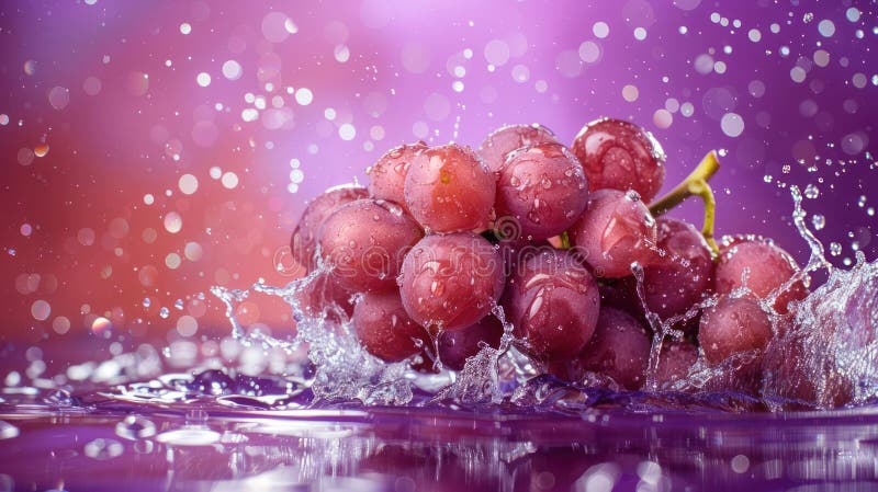 Red Grapes Splashing in Water, Vibrant Purple Background Stock ...