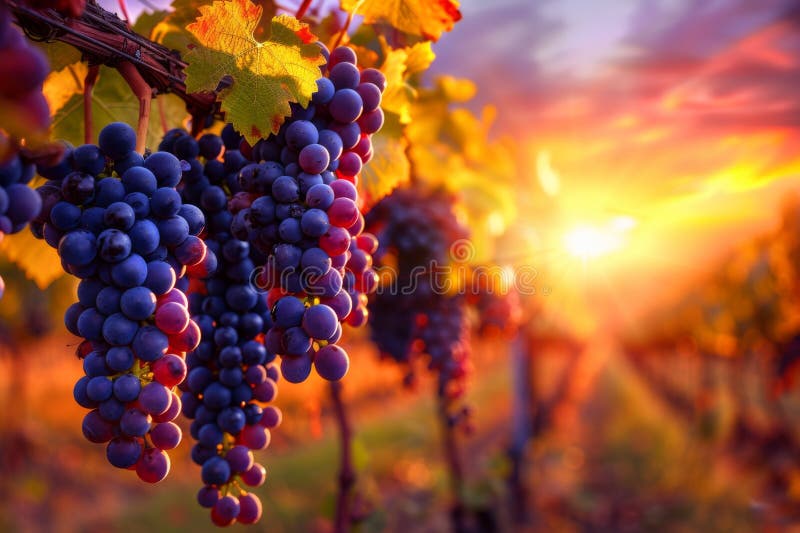 Cluster of Grapes on Vine Under Sunset Sky in Natural Landscape Stock ...