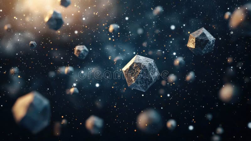 A Cluster of Gray and Black Hexagonal Objects Floats in a Dark Space ...