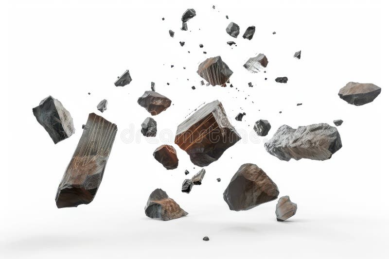 A Cluster of Gray and Brown Rocks Float Midair Against a Pristine White ...