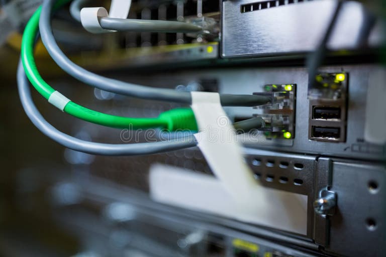 Cluster of Gray and Green Ethernet Cables are Showing Glowing Status ...