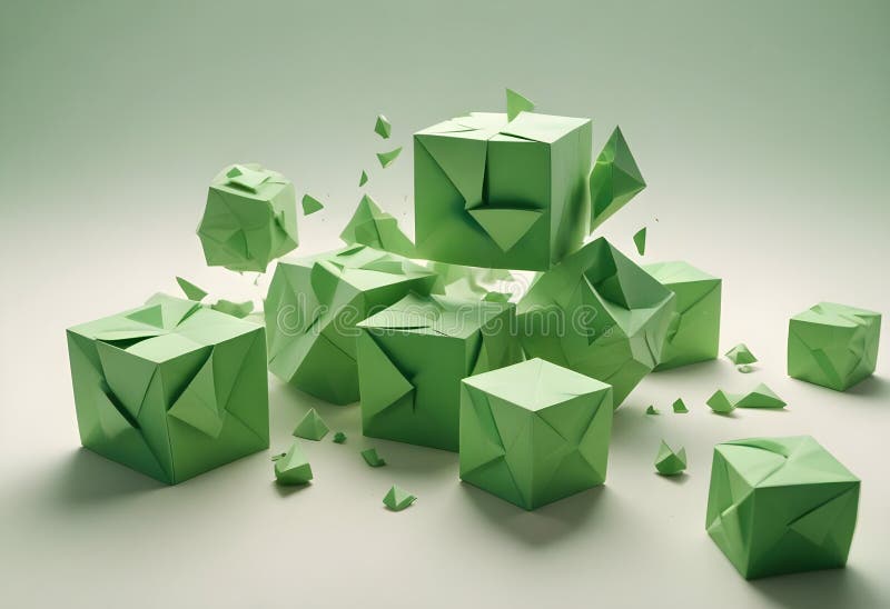 A Cluster of Green Origami Cubes, Some Exploding into Fragments. Stock ...