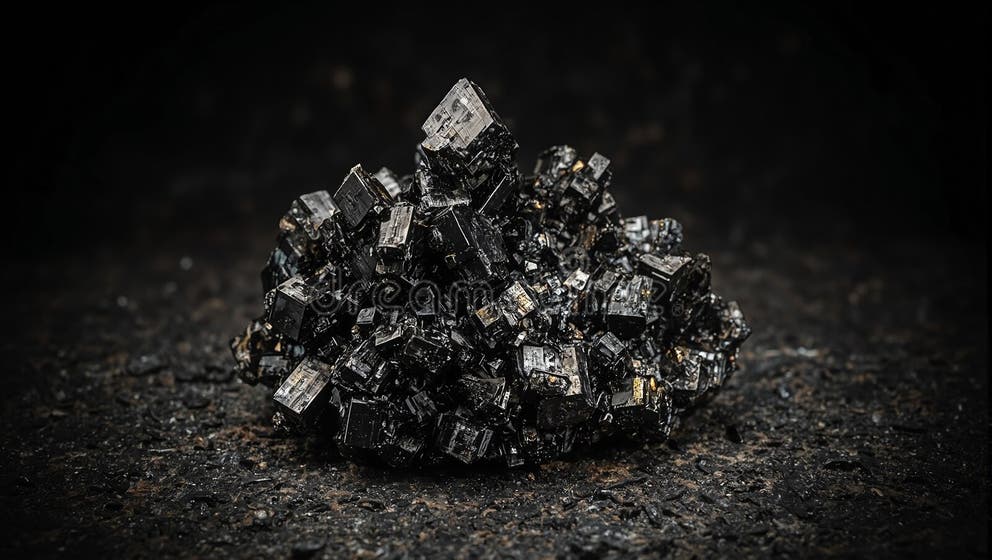 Cluster of Hematite Crystals in Dark Mine with Torchlight Reflection ...