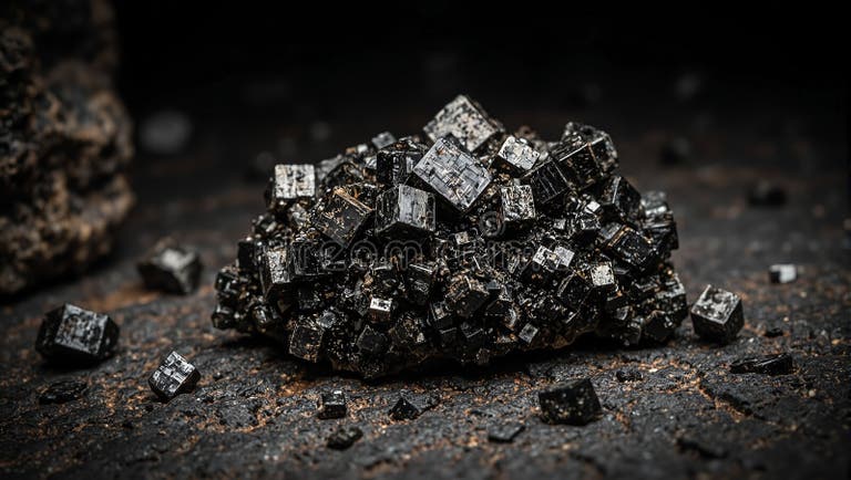 Cluster of Hematite Crystals in Dark Mine with Torchlight Reflection ...