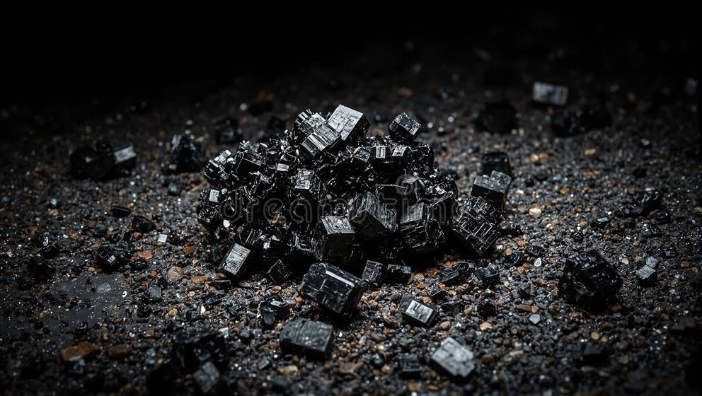 Cluster of Hematite Crystals in Dark Mine with Torchlight Reflection ...