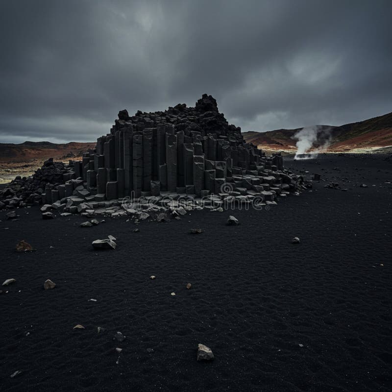 A Cluster of Hexagonal Basalt Columns Rises from a Dark, Volcanic ...
