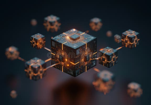 A Cluster of Interconnected, Dark Cube Structures with Glowing Orange ...