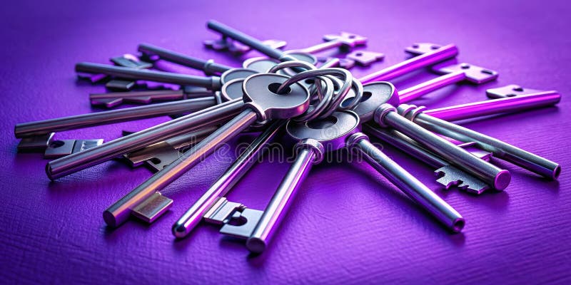A Cluster of Keys on a Purple Background, 3D Render, Key Chain, Key ...