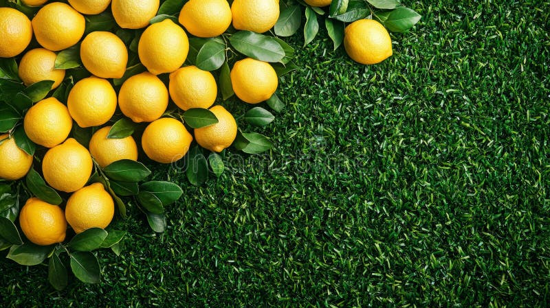 Cluster of Lemons with Leaves on Green Grass Surface Stock Photo ...