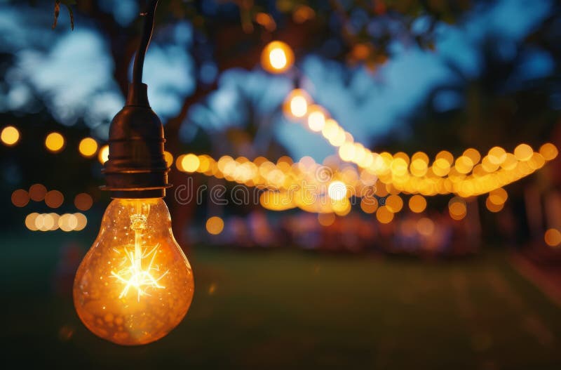 Light Bulbs Hanging from Tree Branches Stock Photo - Image of ...
