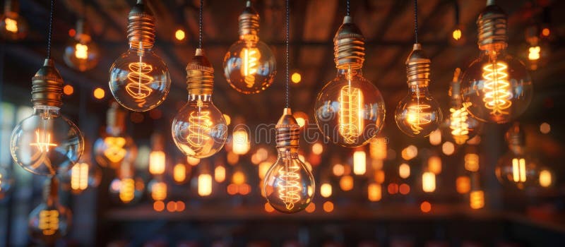 Multiple Light Bulbs Hanging from Ceiling Stock Photo - Image of ...